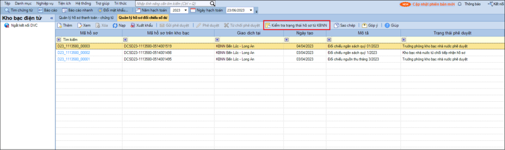 Đơn vị kiểm tra kết quả KBNN phê duyệt hồ sơ đối chiếu số dư – MIMOSA2022